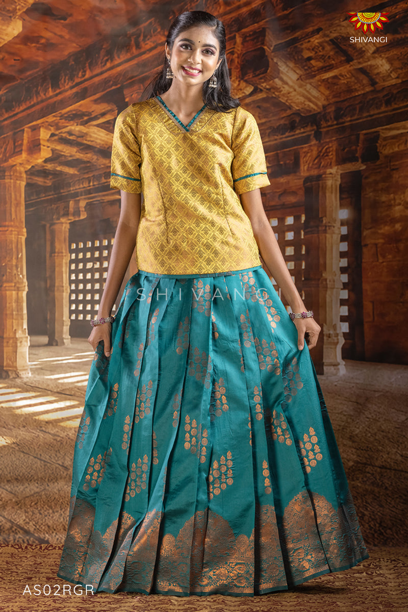Readymade Traditional Pattu Pavadai For Young Girls-Ethnic set-Green