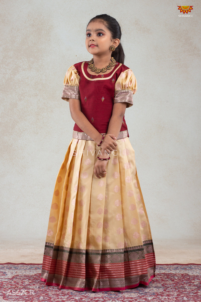 Good Looking Pattu Pavadai Design For Girls-Ethnic Wear-Cream