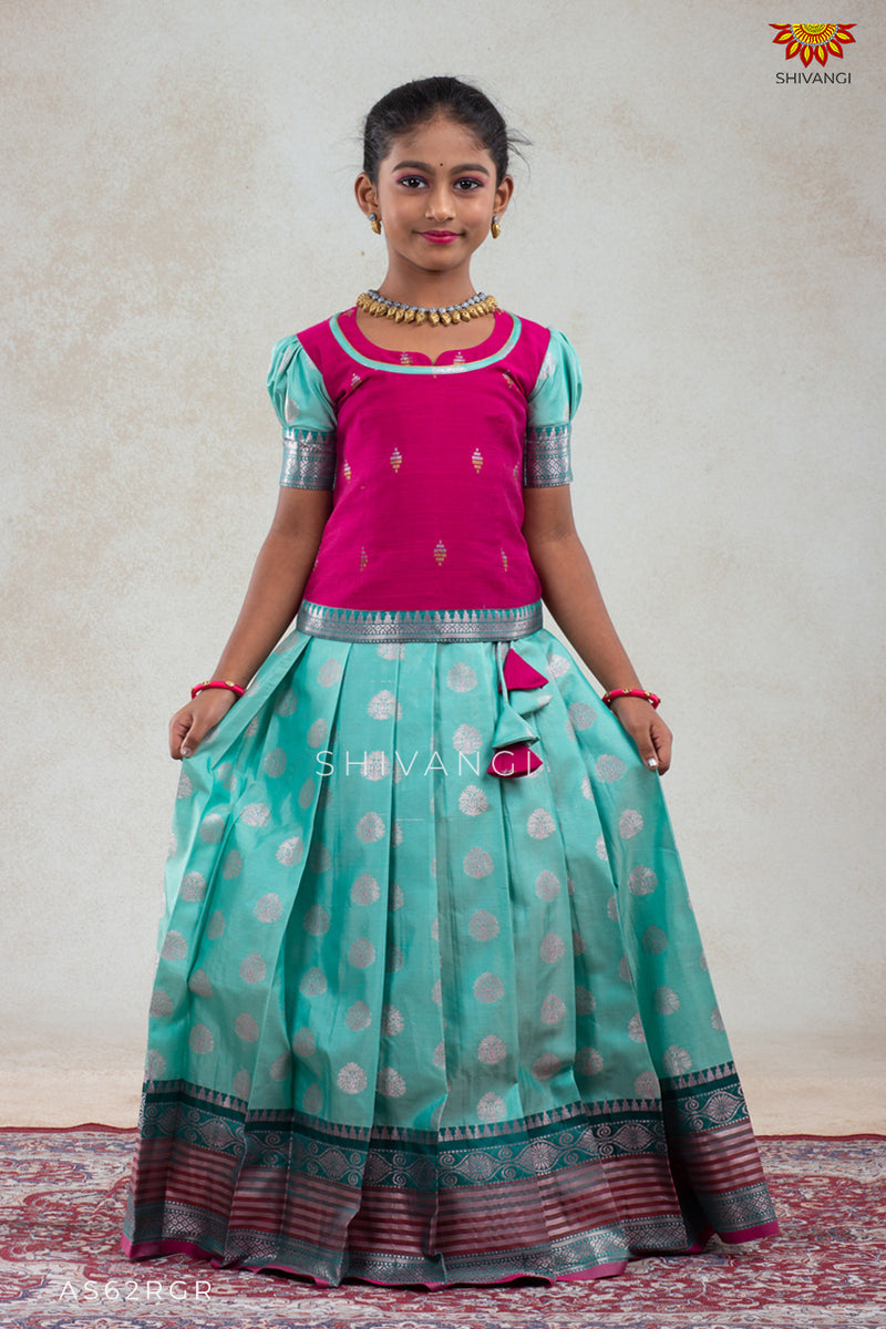 Traditional Look Pattu Pavadai Design For Girls-Ethnic set-Ramar Green