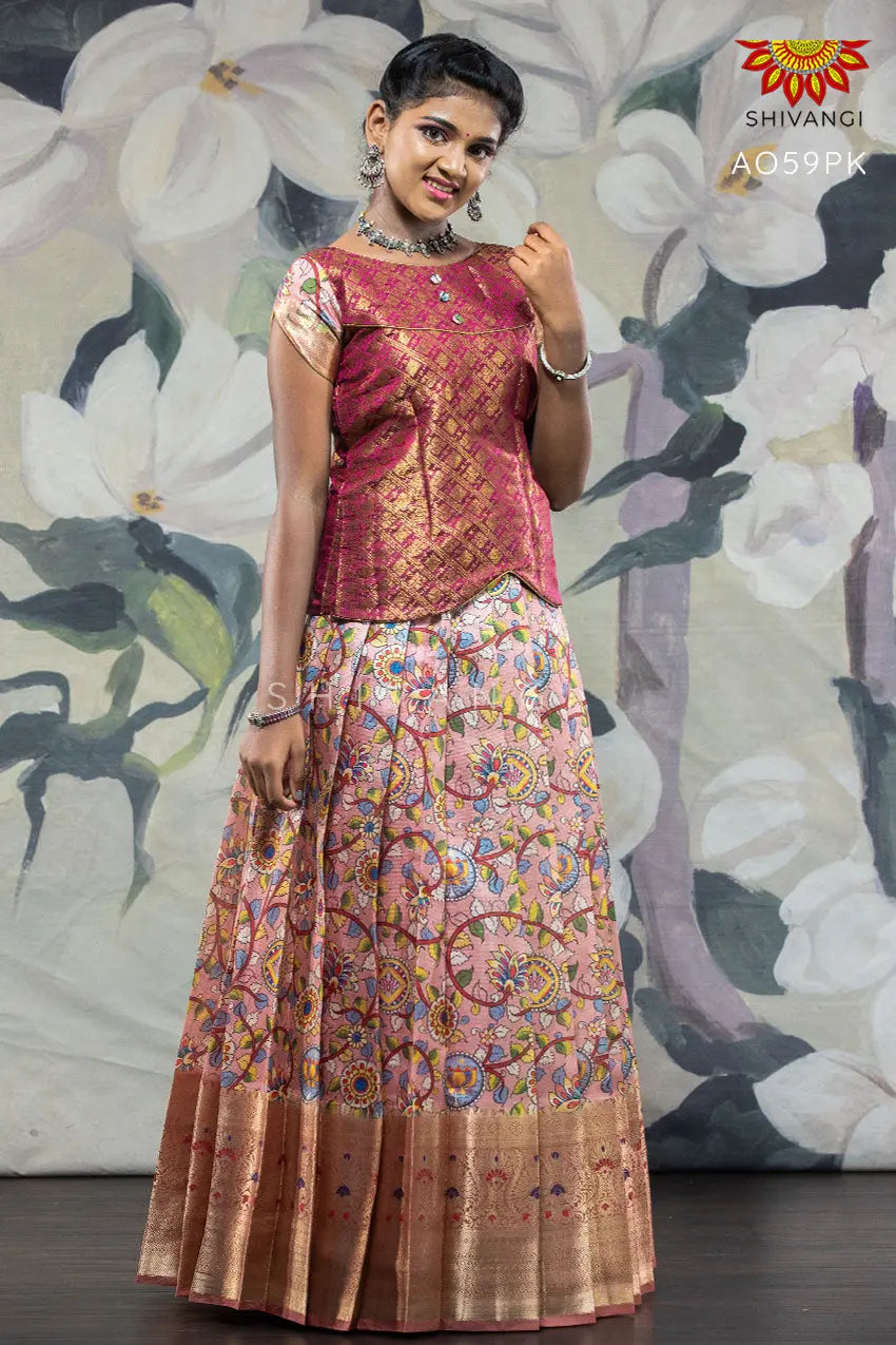 Pink Floral Creeper Pattu Pavadai Party Wear For Girls