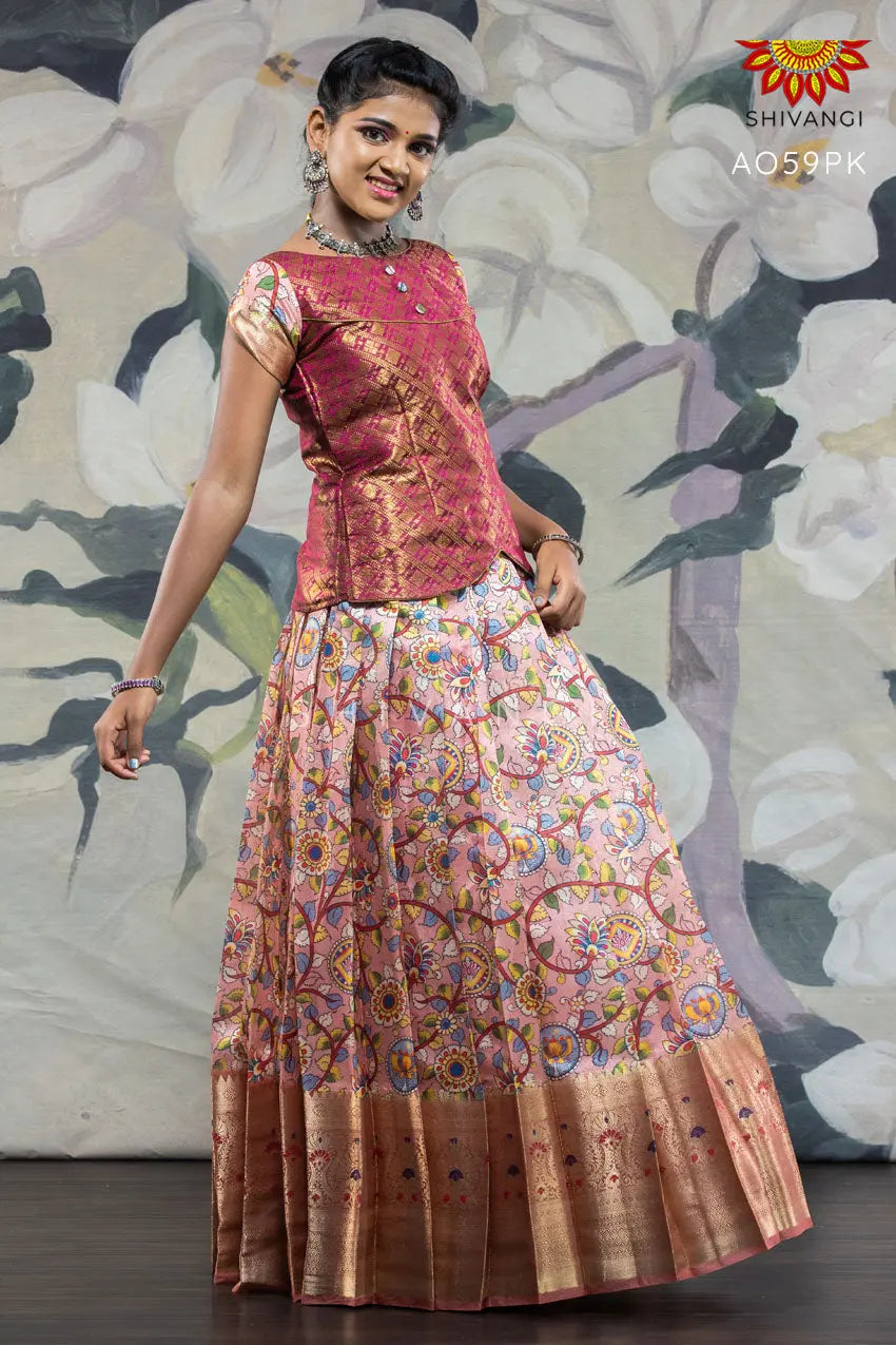 Pink Floral Creeper Pattu Pavadai Party Wear For Girls