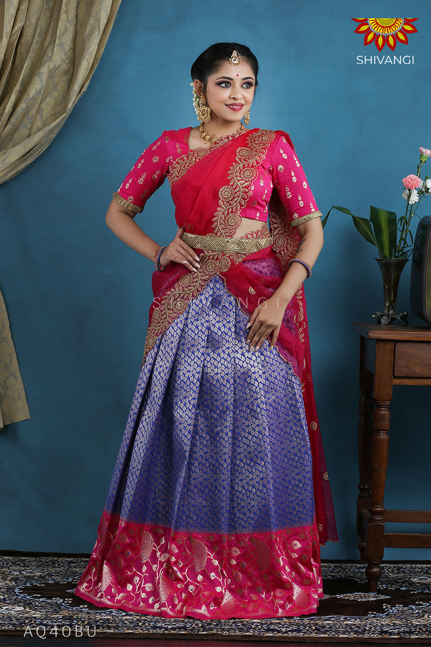 Girls Blue Peacock Paradise Alpha Half Saree | Langa Davani