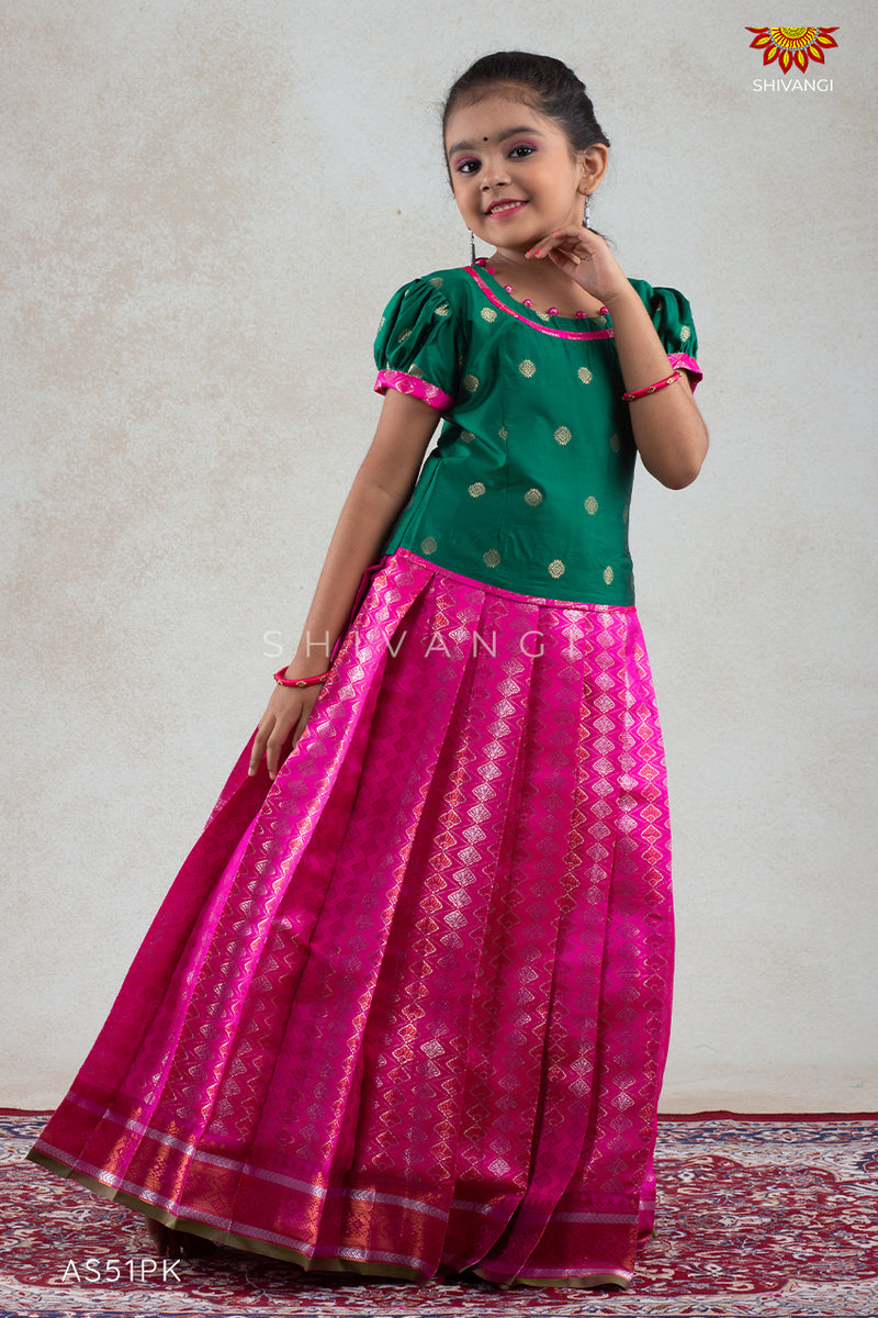 Traditional Pattu Pavadai Design For Teenage Girls-Ethnic Wear-Pink