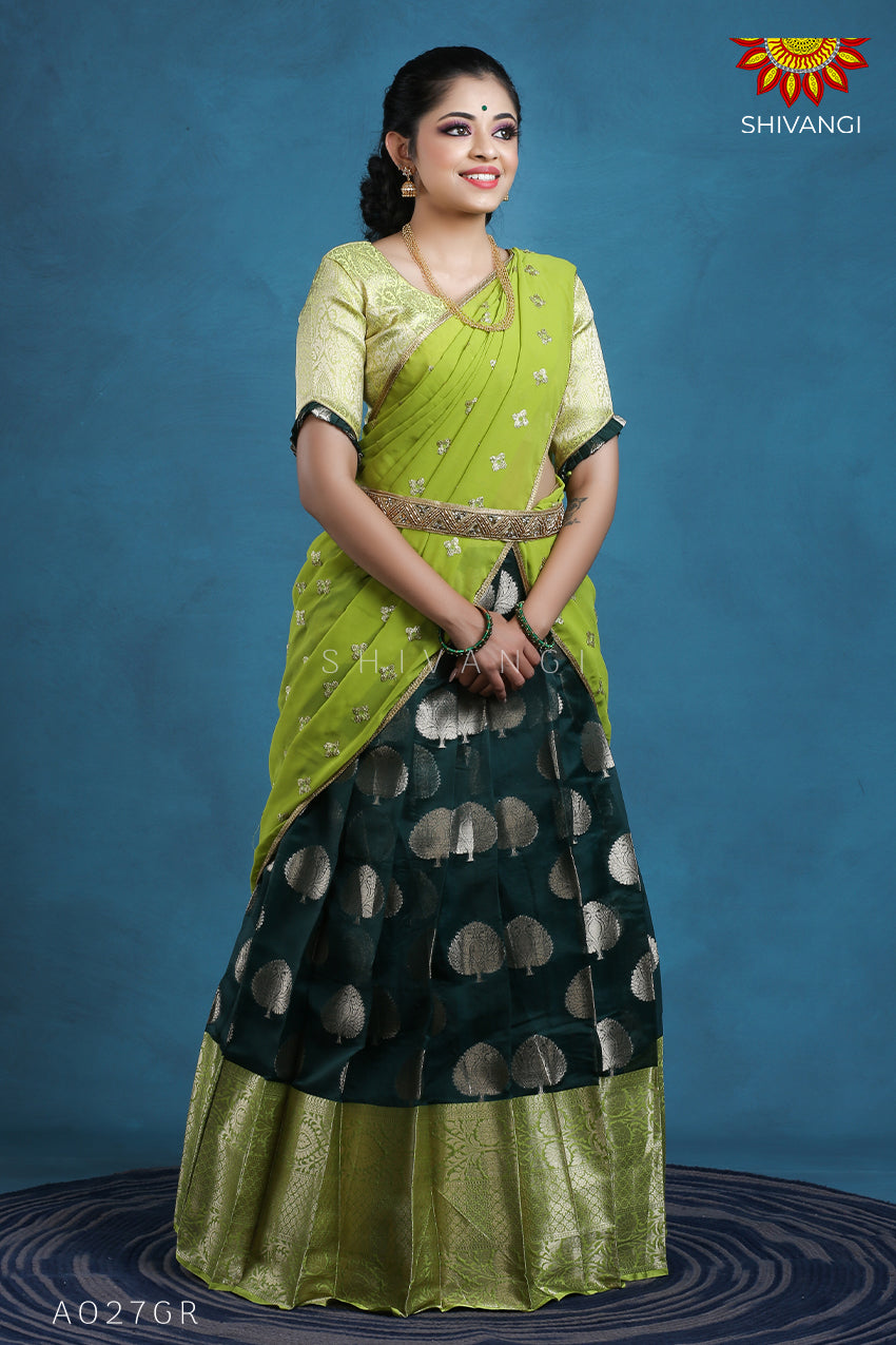 Teenage Girls Green Tree Motif Half Saree | Langa Davani